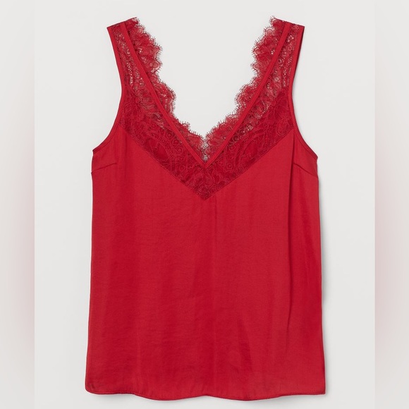 H&M | Tops | Hm Double V Lace Blouse Red | Poshmark
